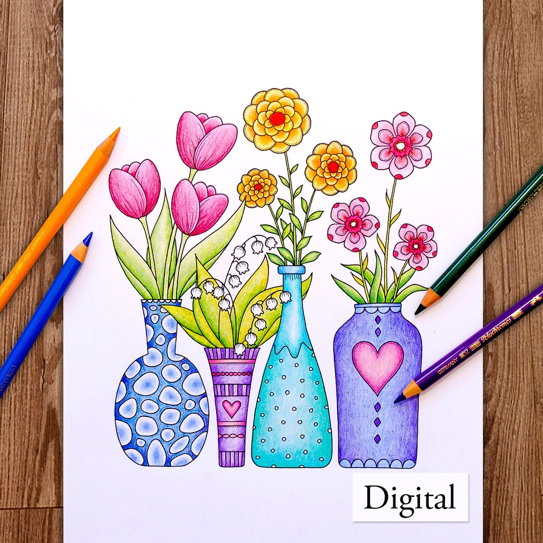 Printable Digital Coloring Page for Grownups, HELLO SPRING, Hand Drawn ...
