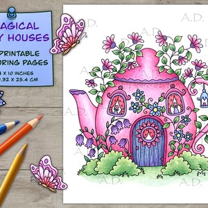 4 Printable Digital Adult Coloring Pages Magical Tiny Houses, Hand ...