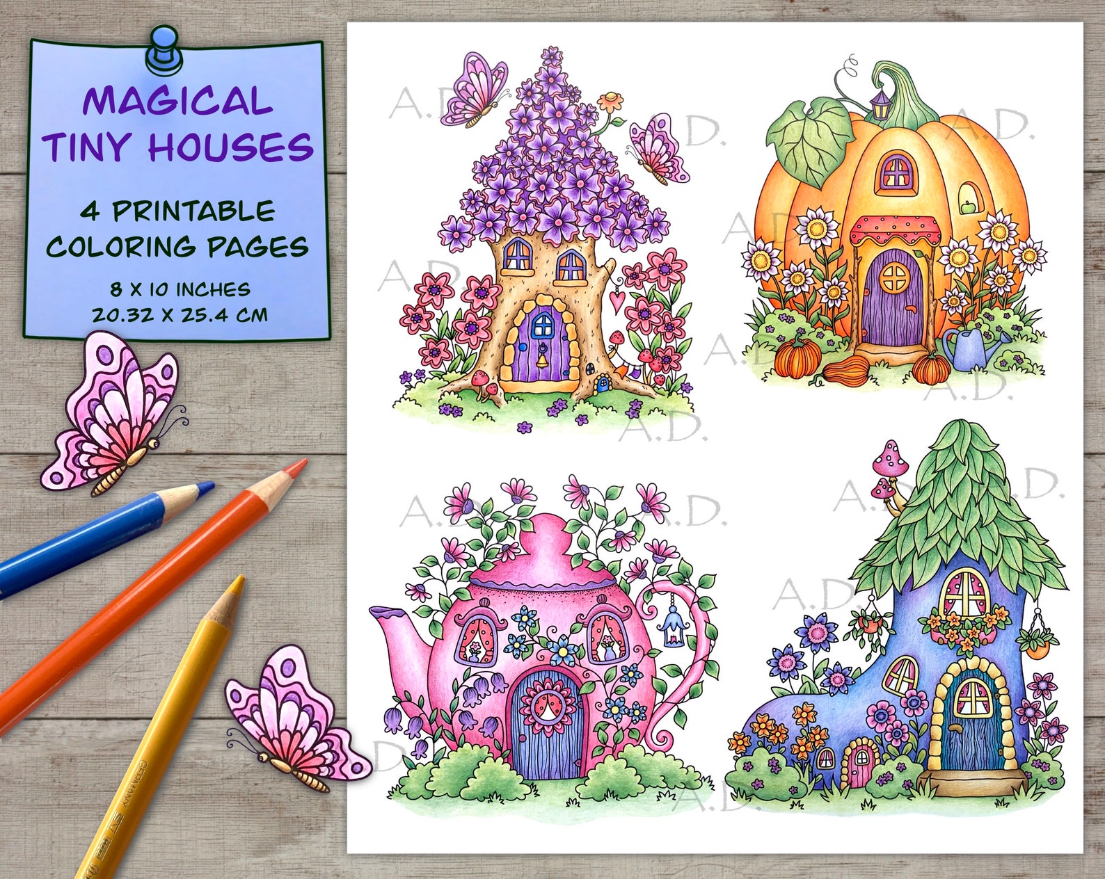 4 Printable Digital Adult Coloring Pages Magical Tiny Houses - Etsy