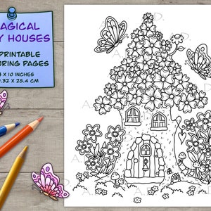 4 Printable Digital Adult Coloring Pages Magical Tiny Houses, Hand ...