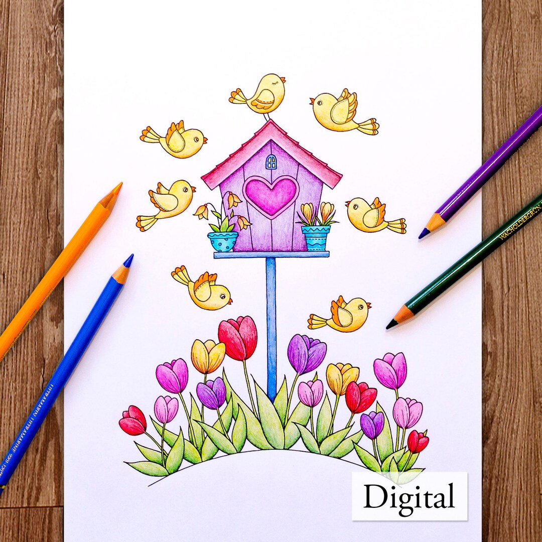 Printable Digital Coloring Page for Grownups, HELLO SPRING, Hand Drawn ...