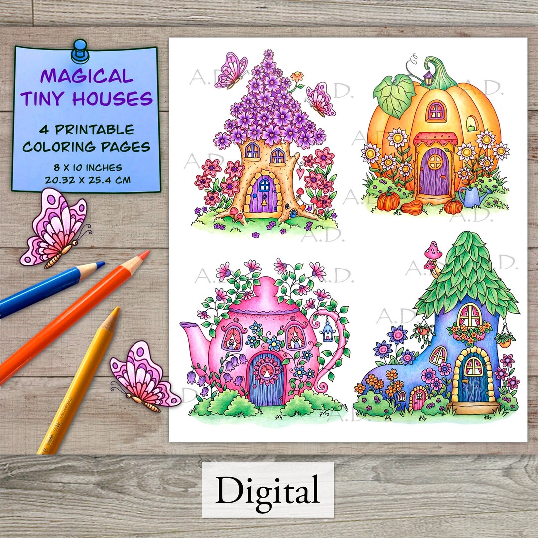 4 Printable Digital Adult Coloring Pages Magical Tiny Houses, Hand ...