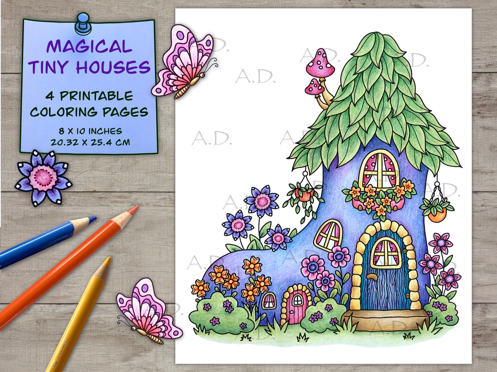 4 Printable Digital Adult Coloring Pages Magical Tiny Houses - Etsy