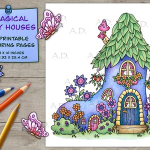 4 Printable Digital Adult Coloring Pages Magical Tiny Houses, Hand ...