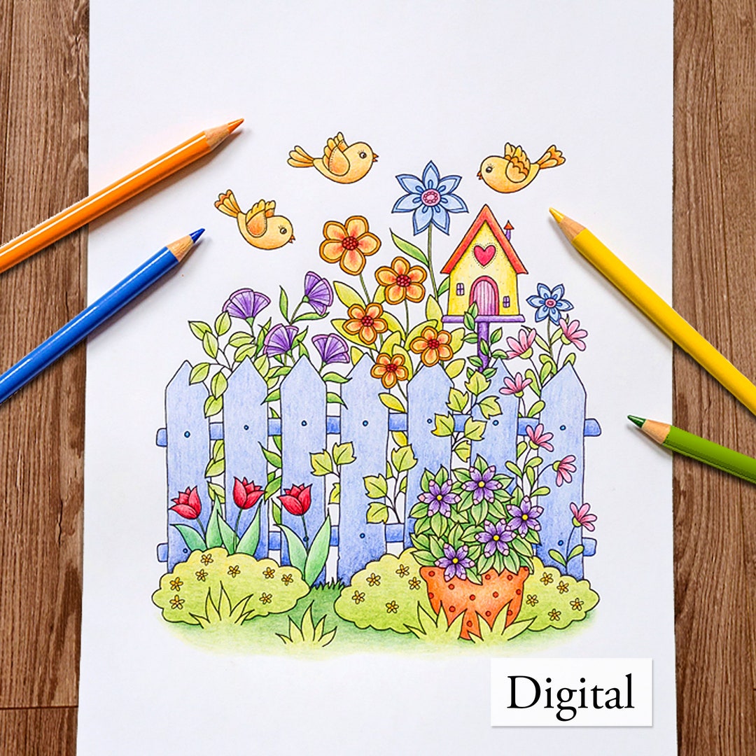Printable Digital Coloring Page for Grownups, HELLO SPRING, Hand Drawn ...