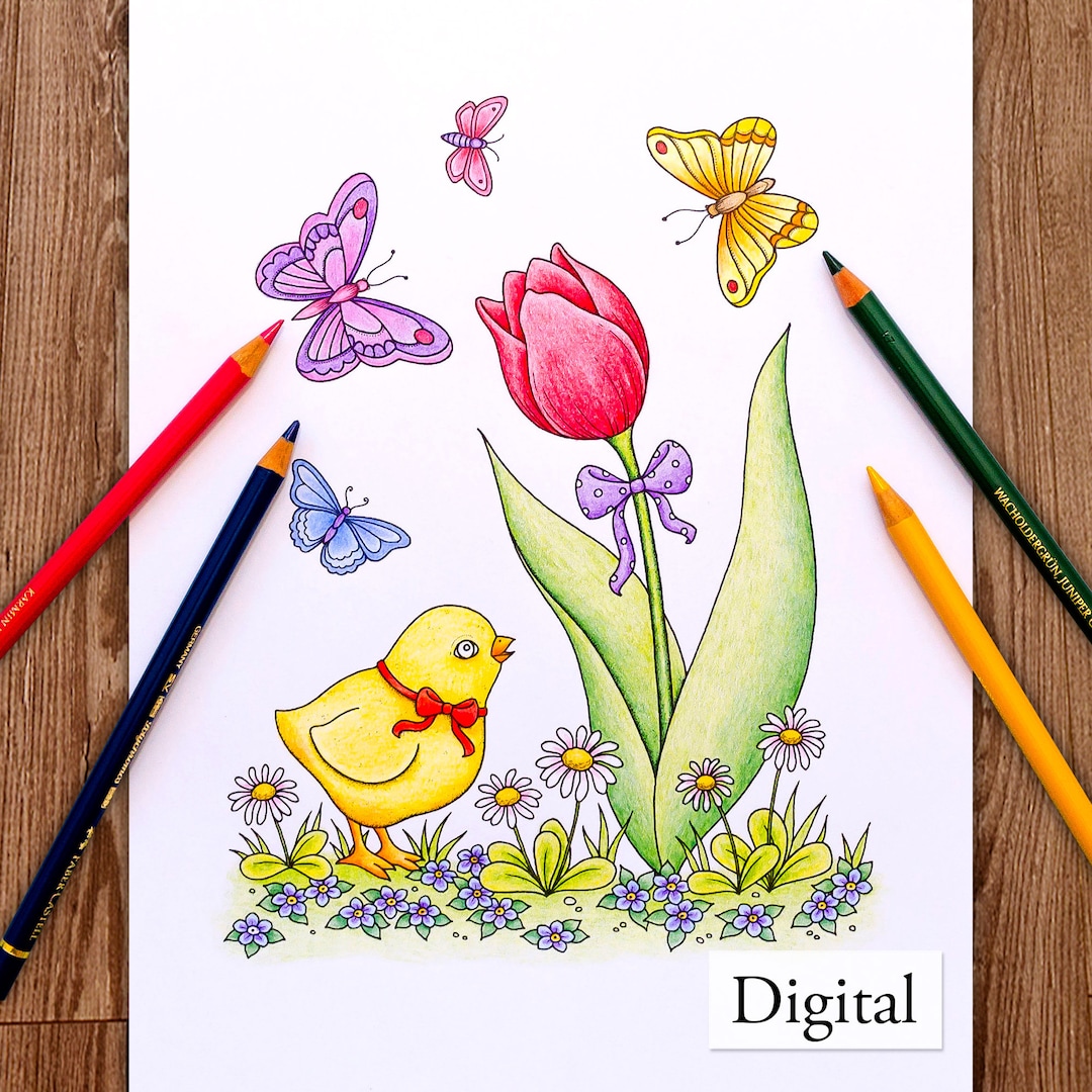 Printable Digital Coloring Page for Grownups, HELLO SPRING, Hand Drawn ...