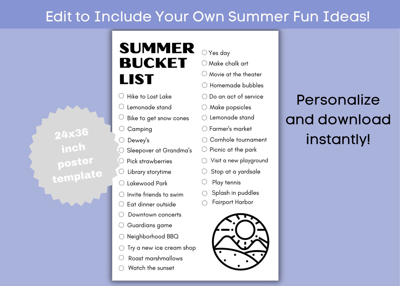 Family Fun Summer Bucket List Poster Editable PDF Download - Etsy