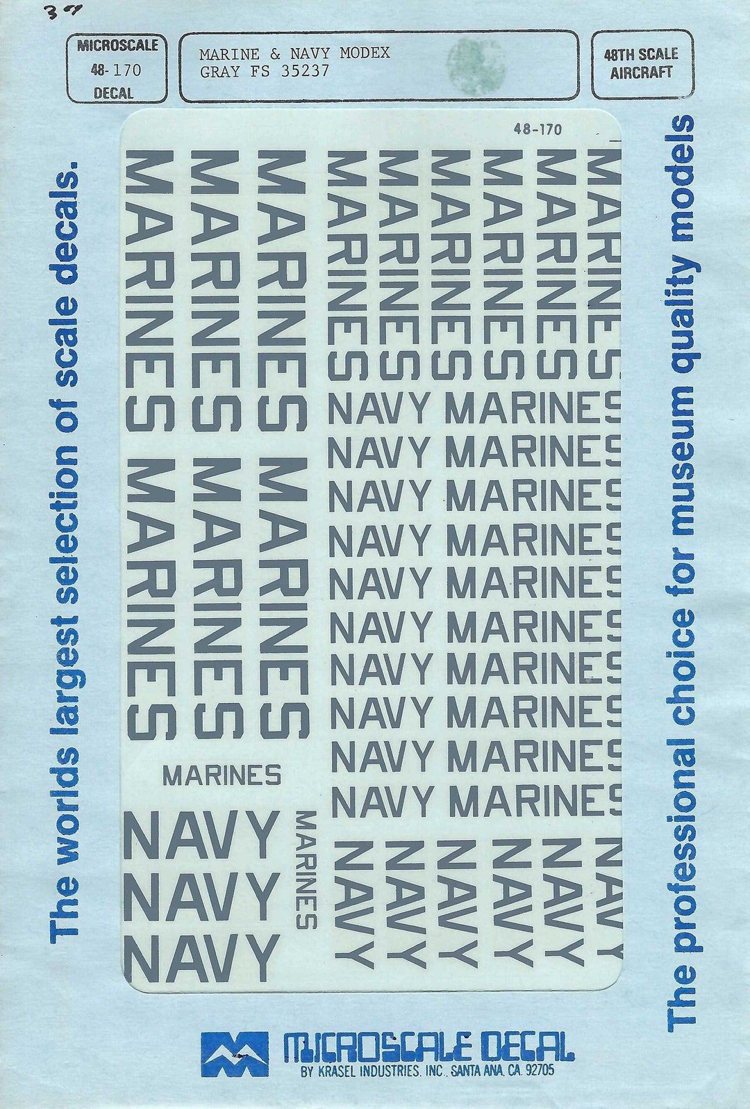 Vintage Microscale 48-170 1/48 Scale US Navy and Marines Modex in Gray ...