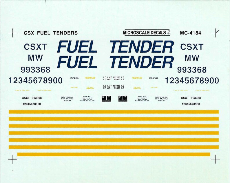 Microscale MC-4184 HO Scale CSX Fuel Tenders (1995+) Model Train Decals ...