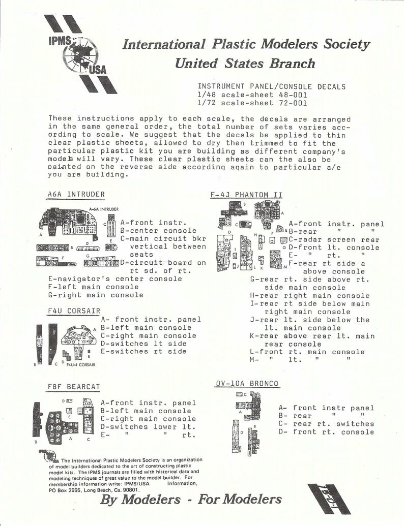 Scale-master 72001 1/72 Scale IPMS-USA Aircraft Instrument Panel Model ...