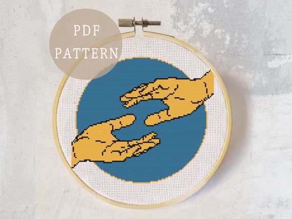 Reaching Hands Cross Stitch Pattern Minimalist Blue and | Etsy