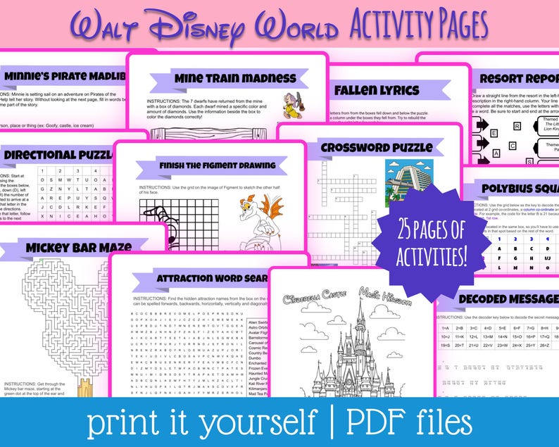 Printable Disney World Activity Sheets | 25 Digital Pages of Puzzles ...