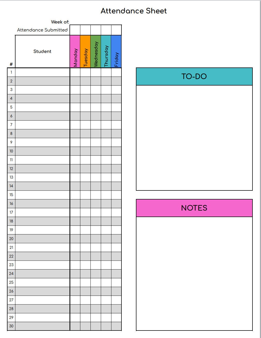 Weekly Attendance Sheet With To-do List, Notes, and Daily Question ...