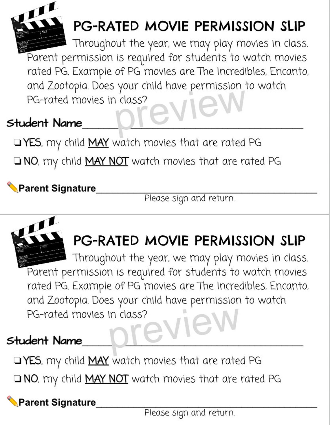 Printable Movie Permission Slip, Editable Google Slide, Digital ...