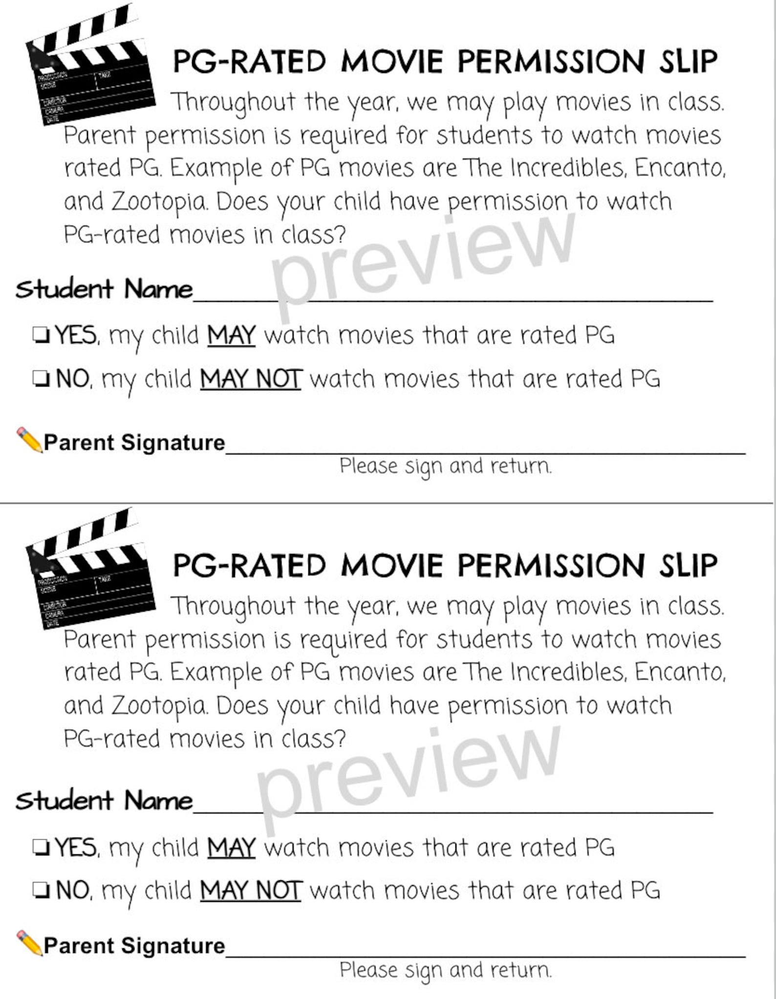 Printable Movie Permission Slip, Editable Google Slide, Digital ...
