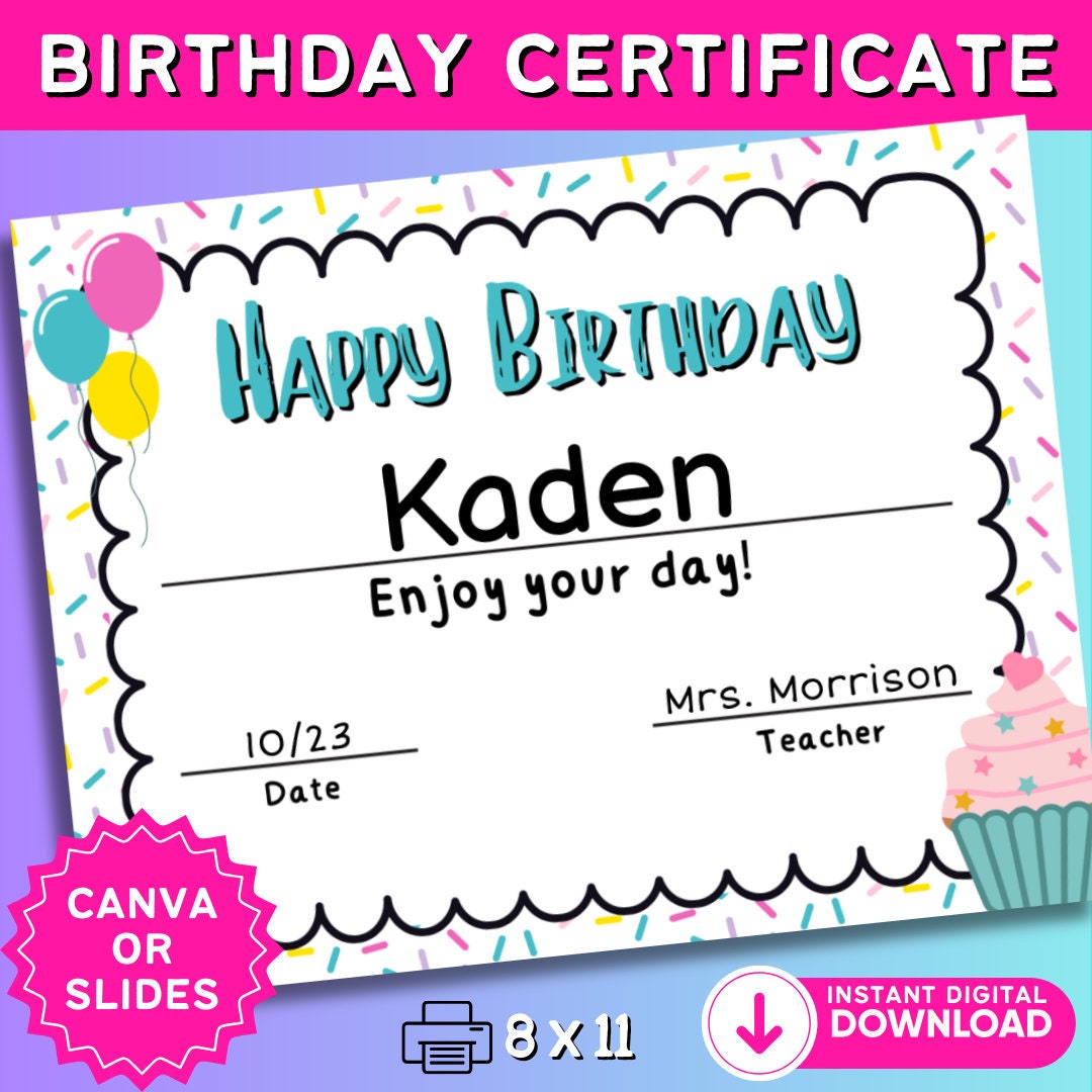Birthday Certificate Customizable in Canva or Google Slide | Printable ...