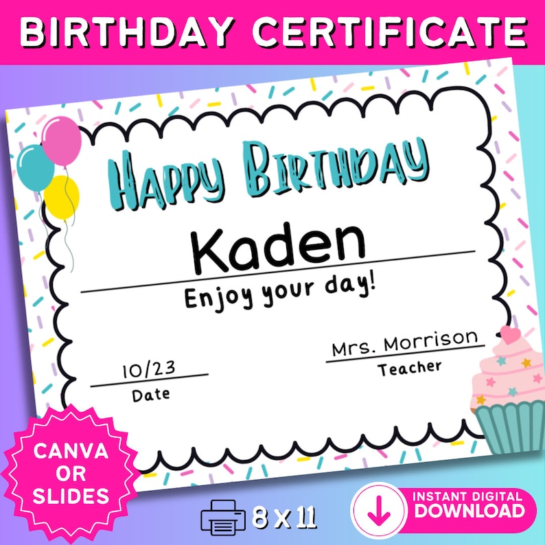 Birthday Certificate Customizable in Canva or Google Slide | Printable ...