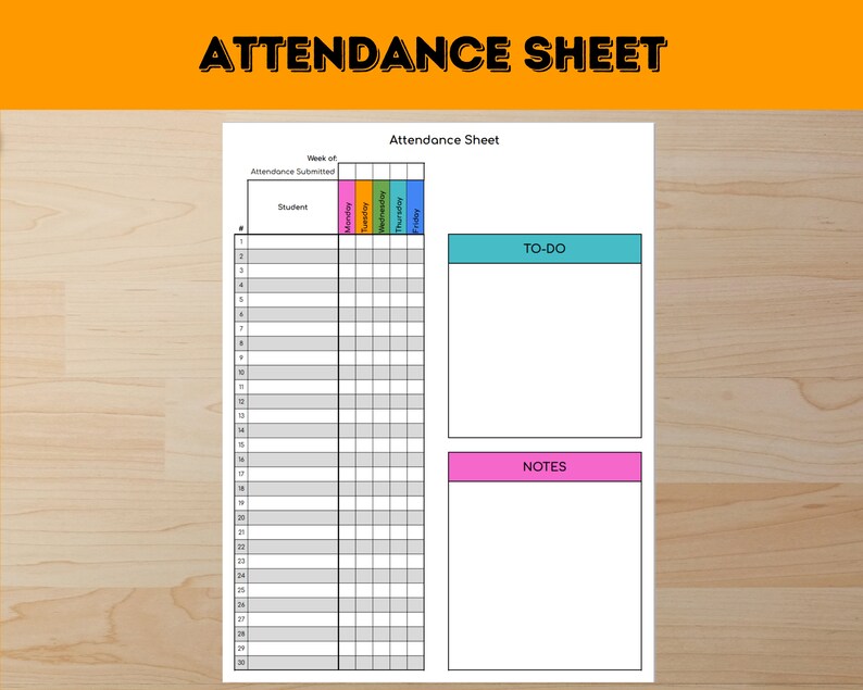 Weekly Attendance Sheet With To-do List, Notes, and Daily Question ...