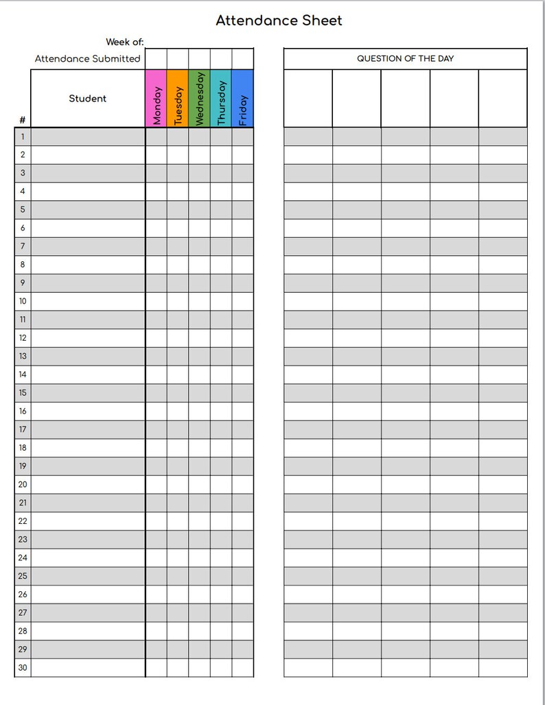 Weekly Attendance Sheet With To-do List, Notes, and Daily Question ...