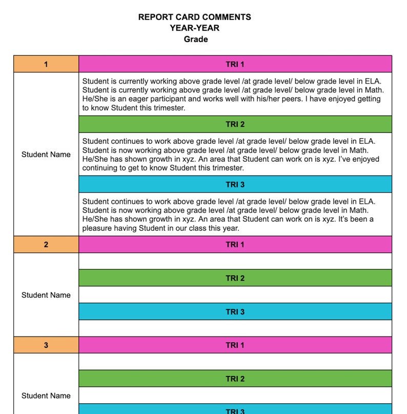 Report Card Comment Tracker - Etsy