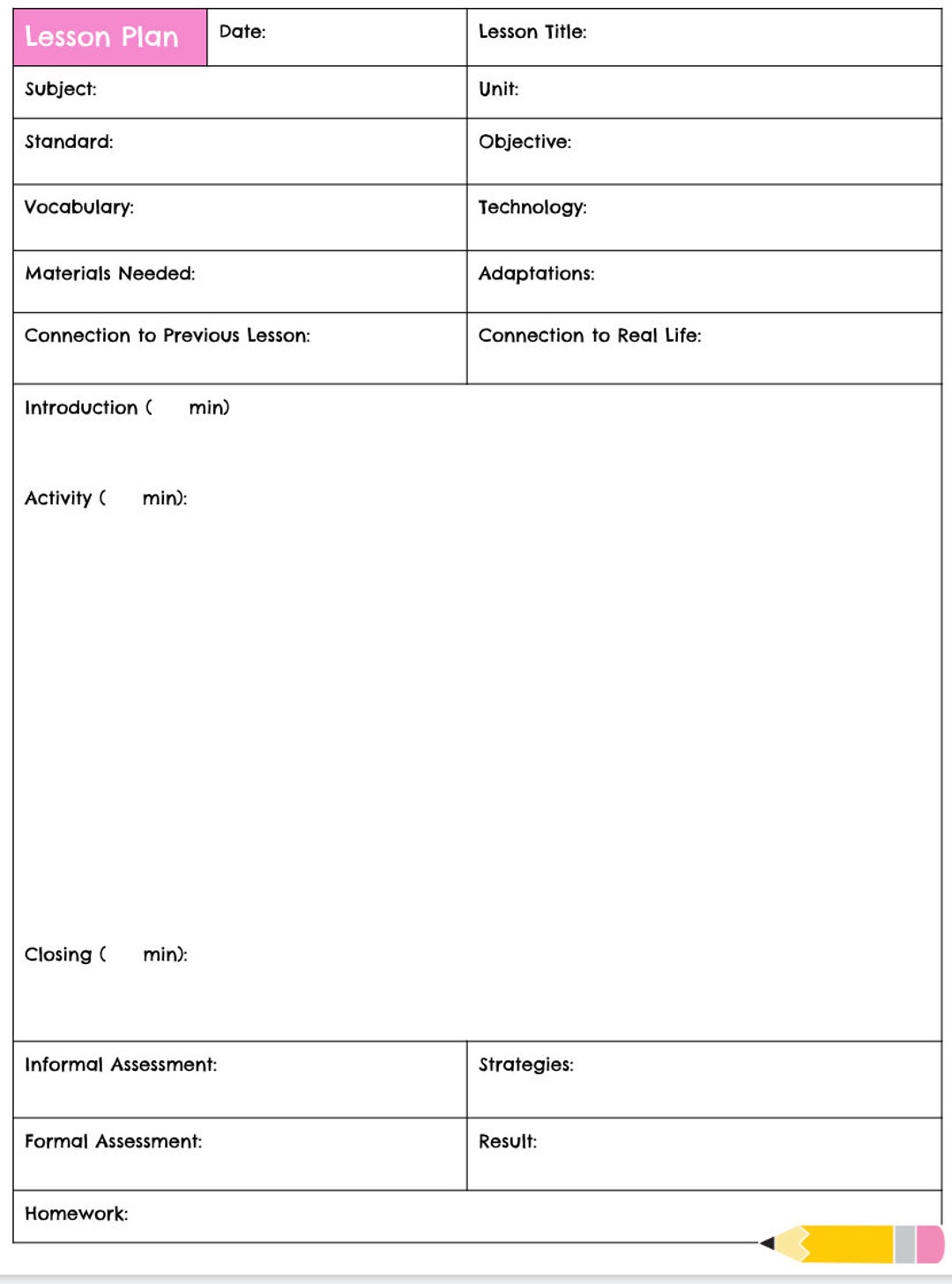 Lesson Plan Template for Teachers - Etsy