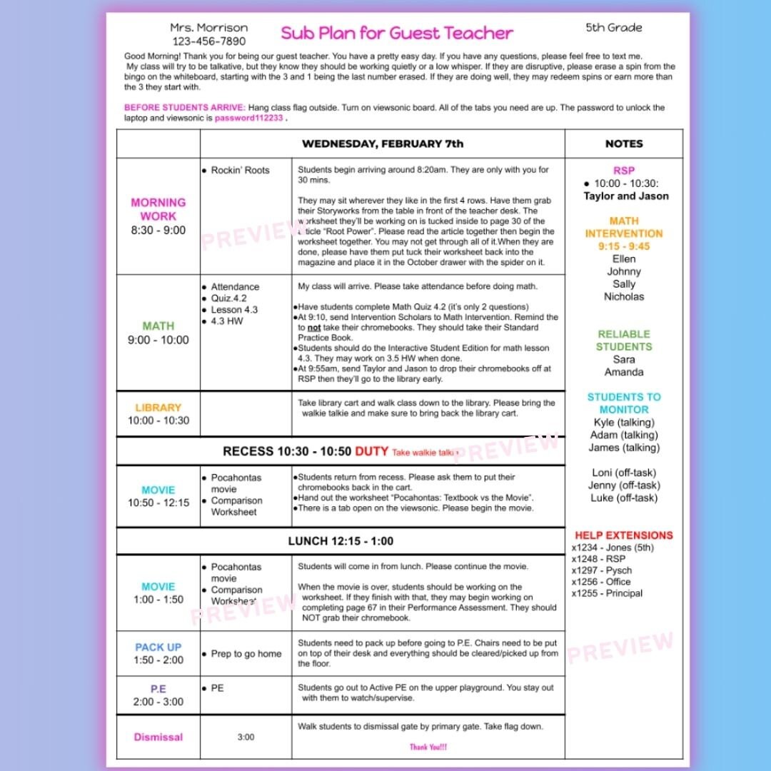Editable Sub Plan Template for Substitute Teaching Planning digital ...