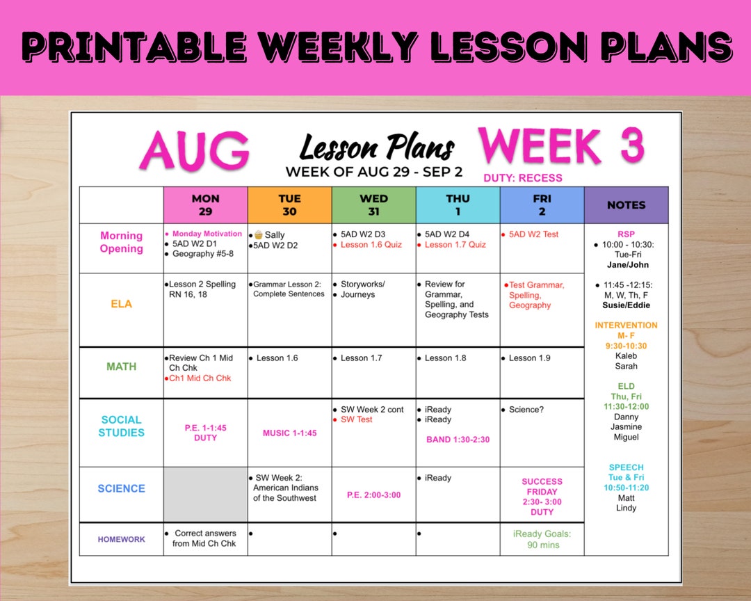 Printable Weekly Lesson Plans - Etsy