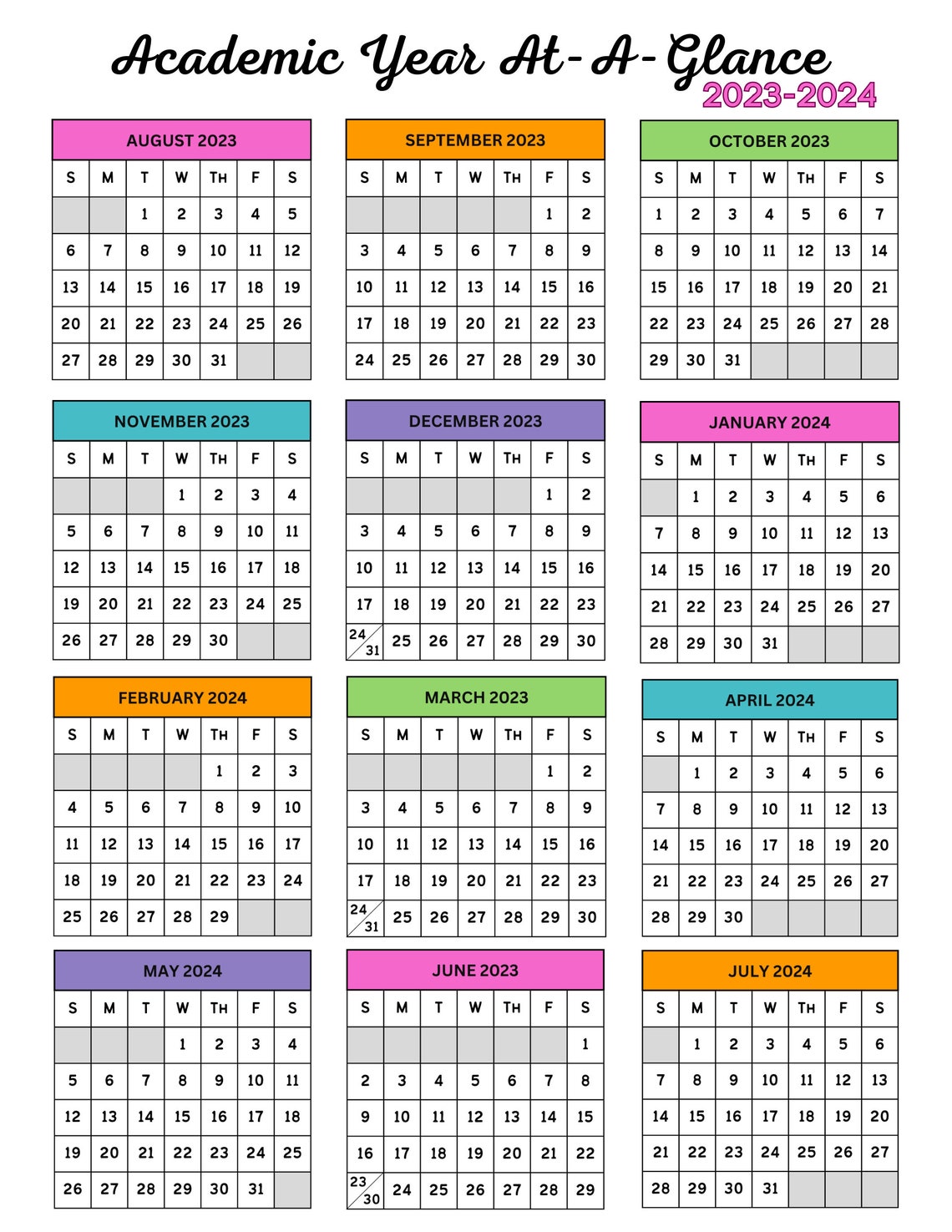 2023-2024 Academic Year At-a-glance Calendar Year at a Glance Printable ...