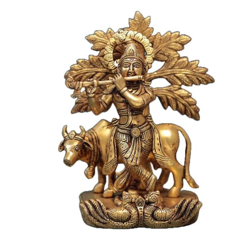Brass Krishna Bhagwan Murti Idol Under Tree With Cow Playing Flute in ...