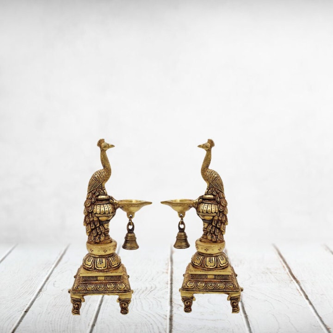Brass Peacock Diya With Oil Wick and a Bell, Brass Peacock Deepak Set ...