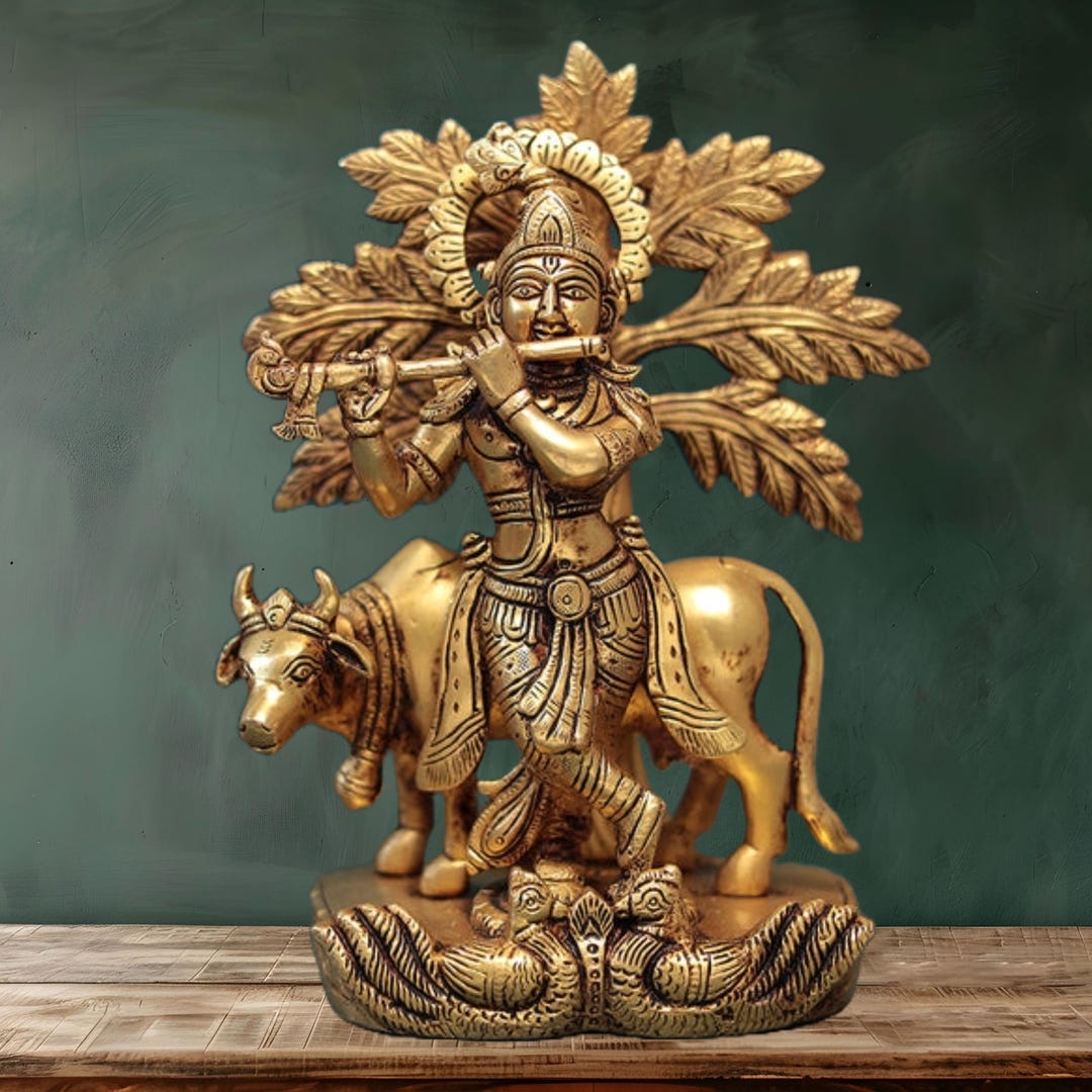 Brass Krishna Bhagwan Murti Idol Under Tree With Cow Playing Flute in ...
