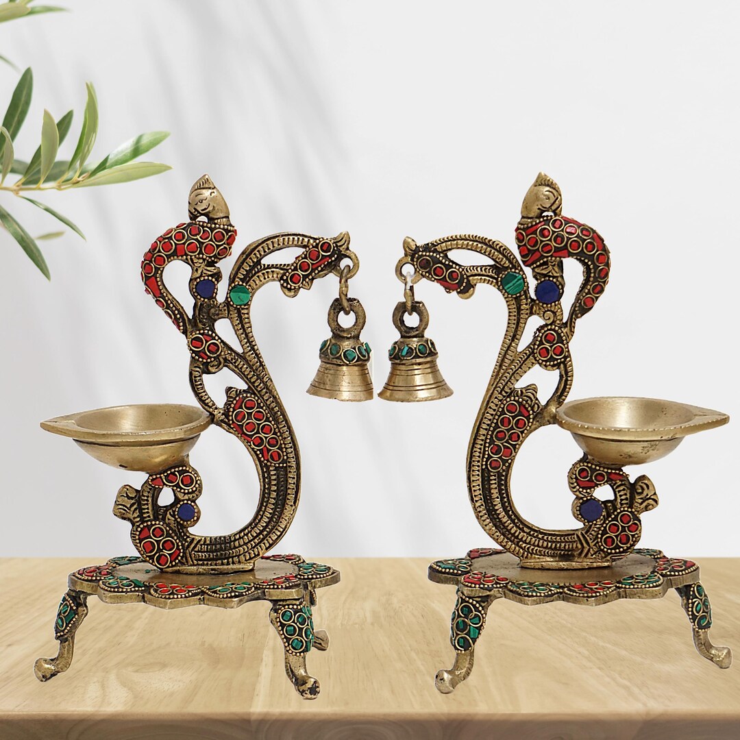 Brass Peacock Diya With Oil Wick and a Bell, Brass Peacock Deepak Set ...