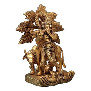 Brass Krishna Bhagwan Murti Idol Under Tree With Cow Playing Flute in ...