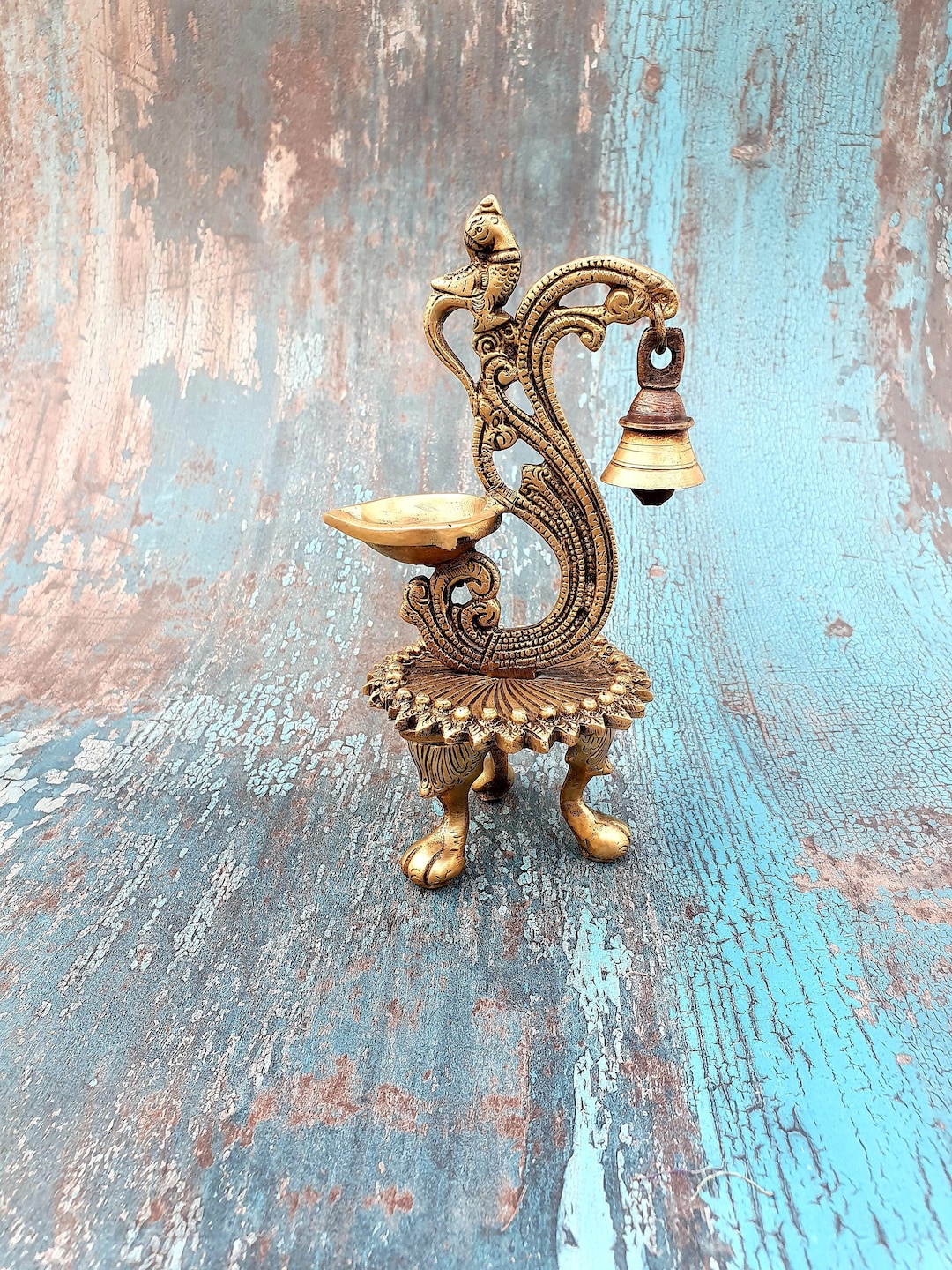 Brass Peacock Diya Lamp With Oil Wick and a Bell, Brass Peacock Deepak ...