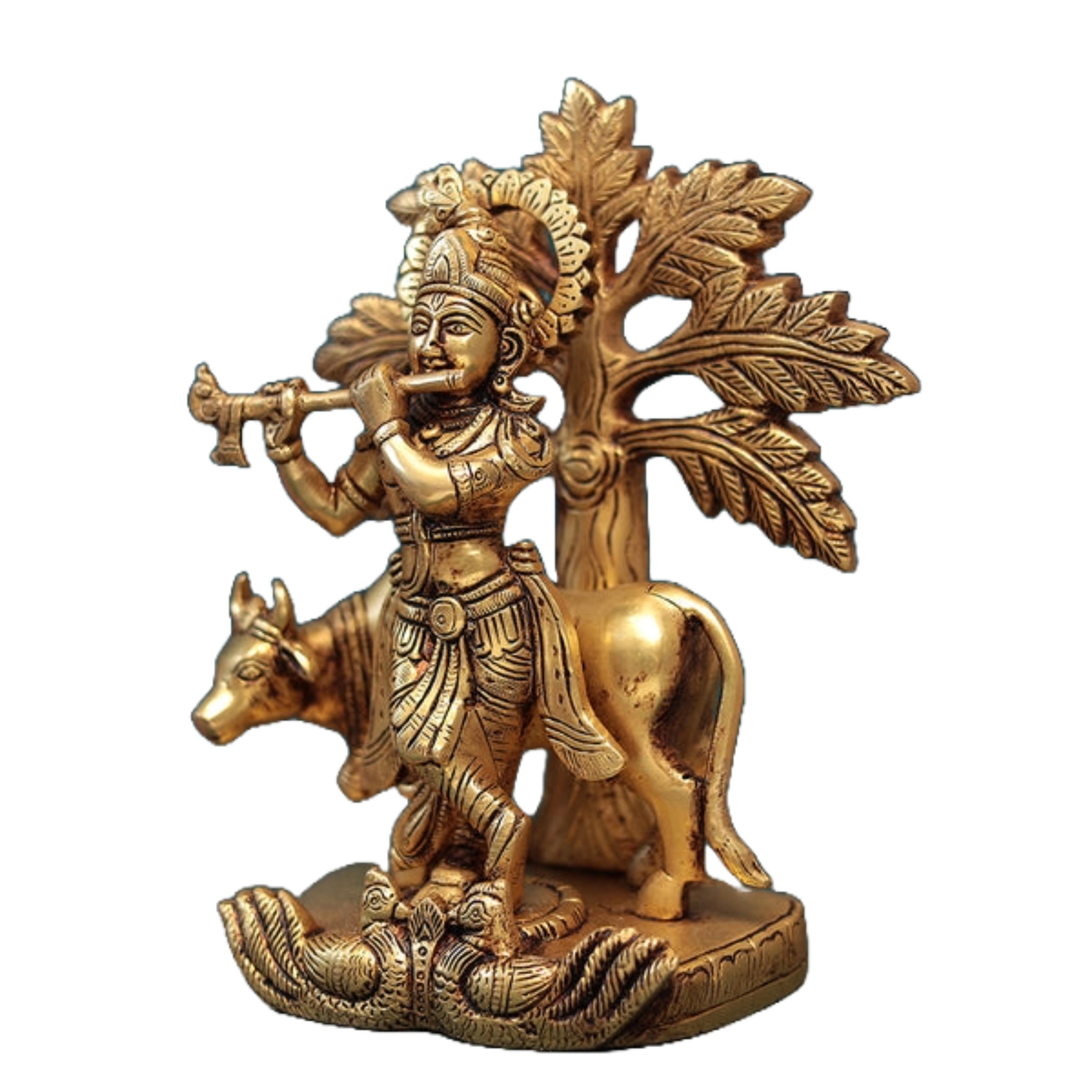 Brass Krishna Bhagwan Murti Idol Under Tree With Cow Playing Flute in ...
