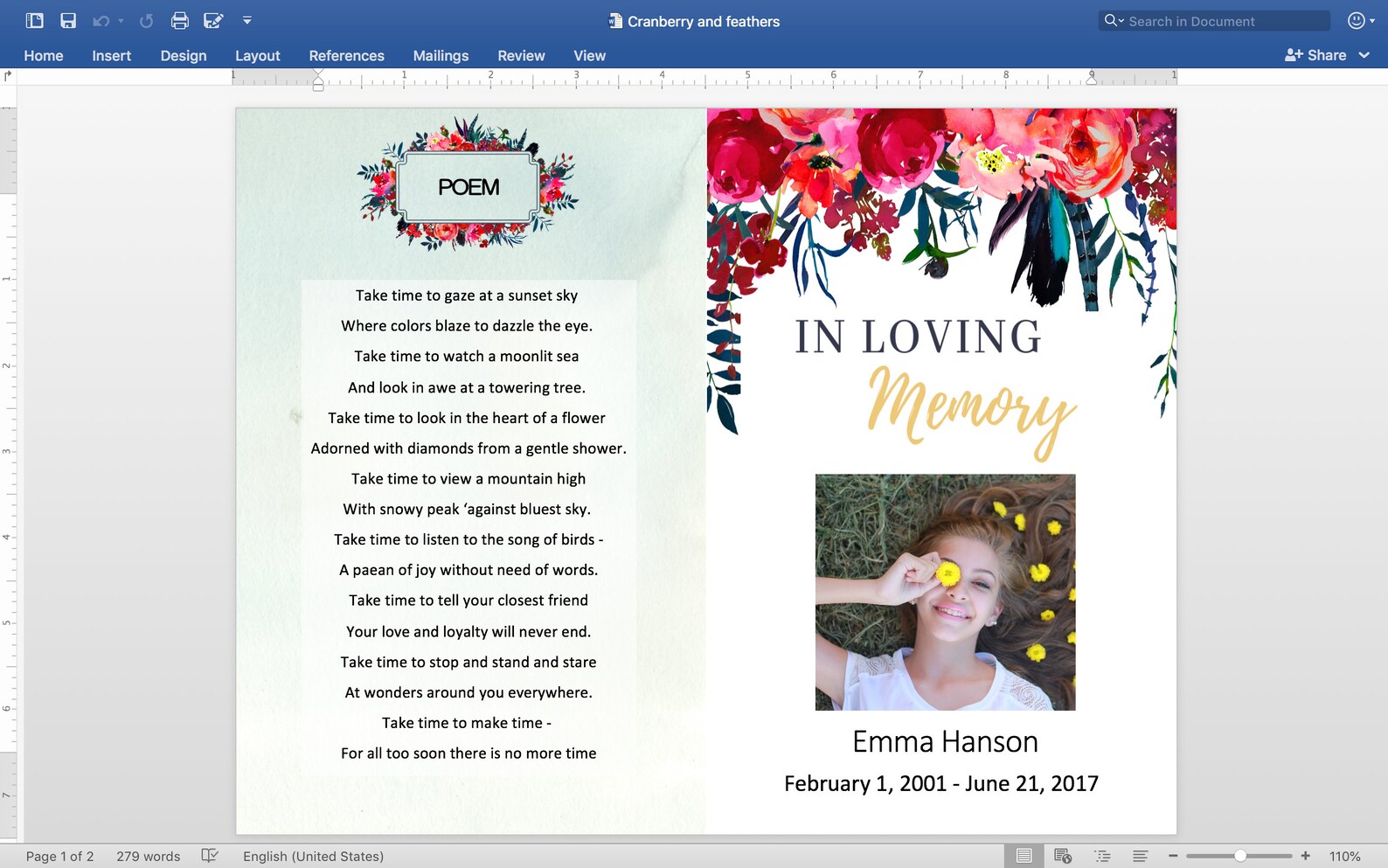 Child Funeral Program Template Floral and Feather Memorial - Etsy