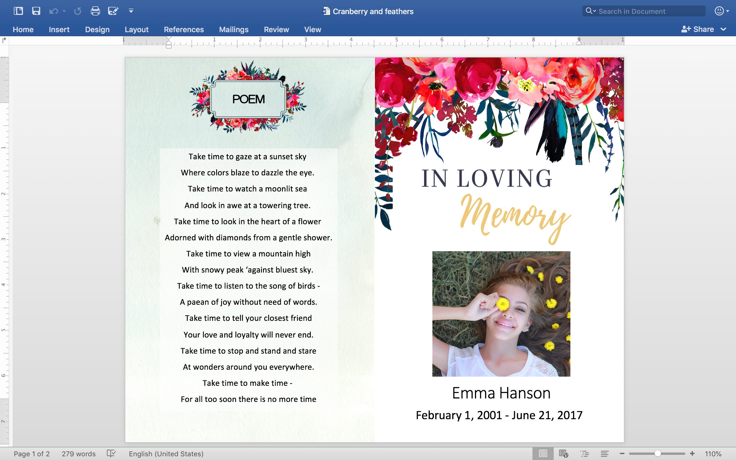 Child Funeral Program Template Floral and Feather Memorial - Etsy