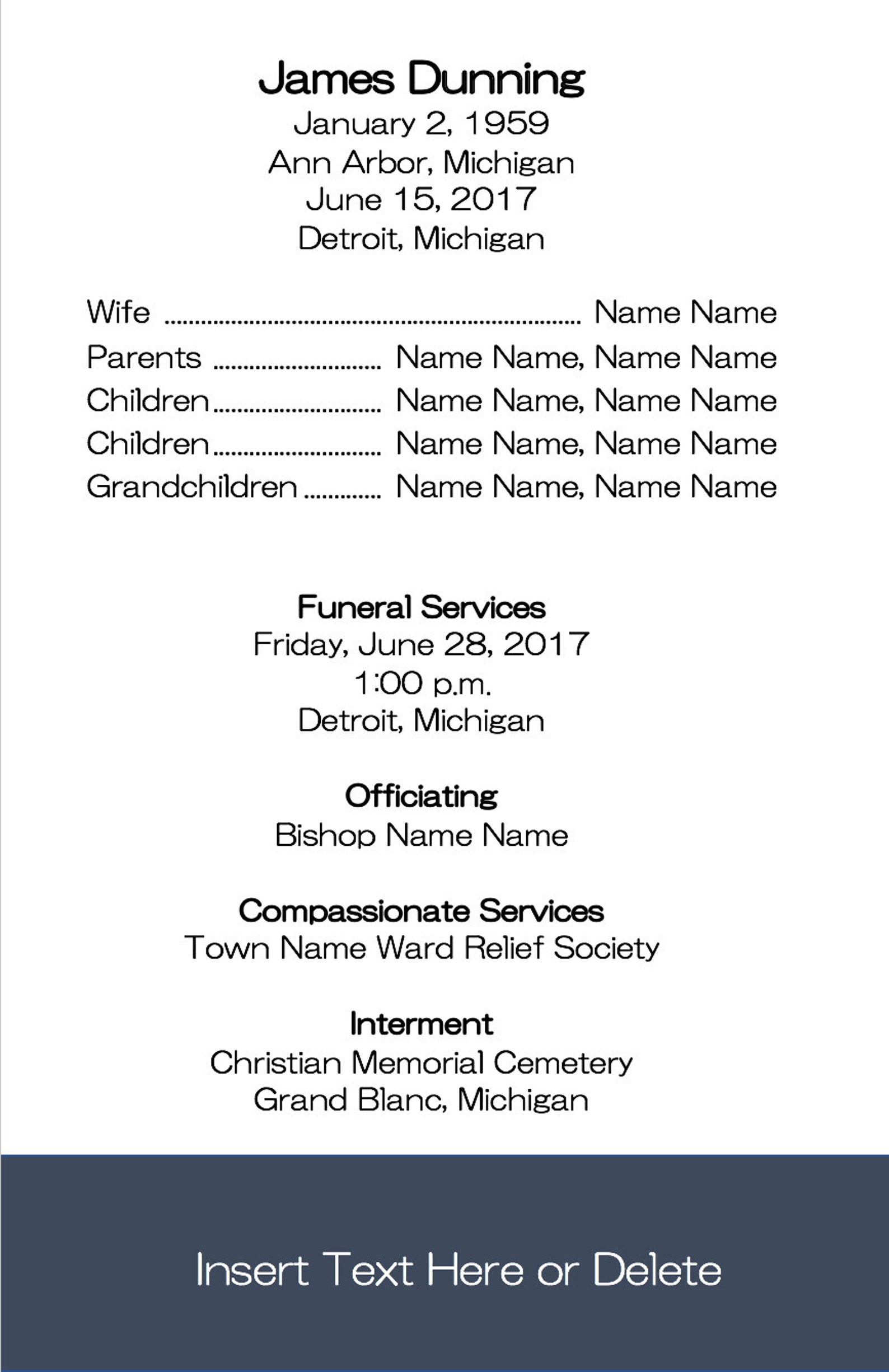 LDS Funeral Program Template for Man Blue Minimal Editable Funeral ...