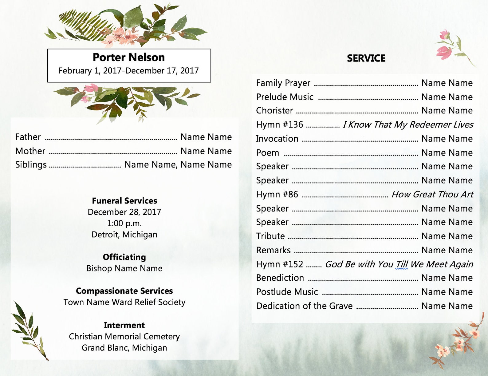 LDS Infant Funeral Program Template Baby Memorial Service Life ...