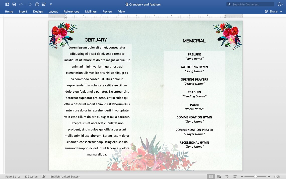 Child Funeral Program Template Floral and Feather Memorial - Etsy