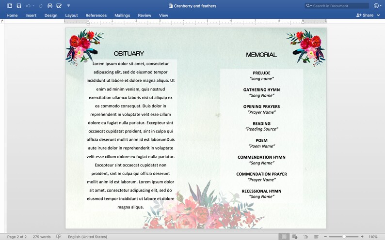 Child Funeral Program Template Floral and Feather Memorial - Etsy