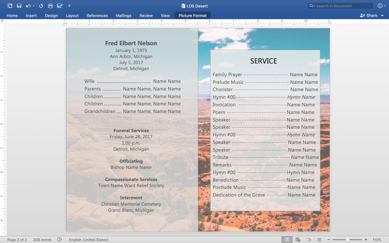 LDS Funeral Program Template for Man the Church of Jesus Christ of ...