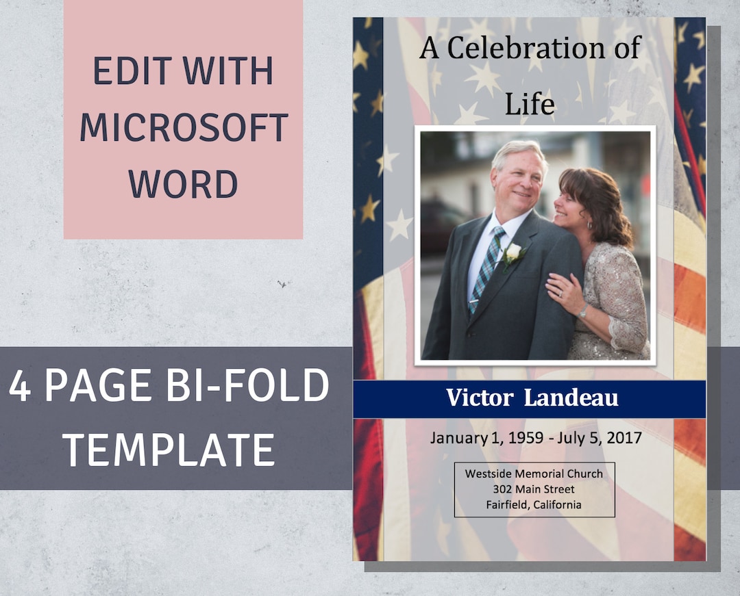 American Flag Funeral Program Template, Memorial Service for Veteran ...