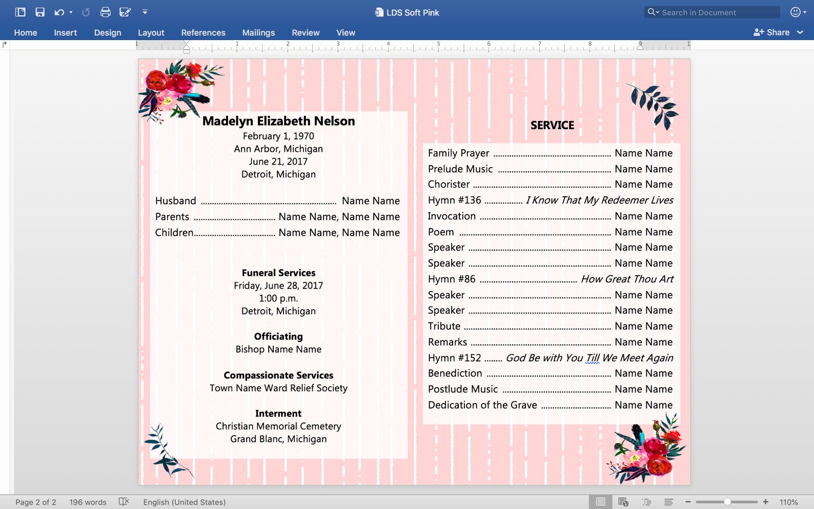 LDS Soft Pink Funeral Program Template Celebration of Life Editable ...