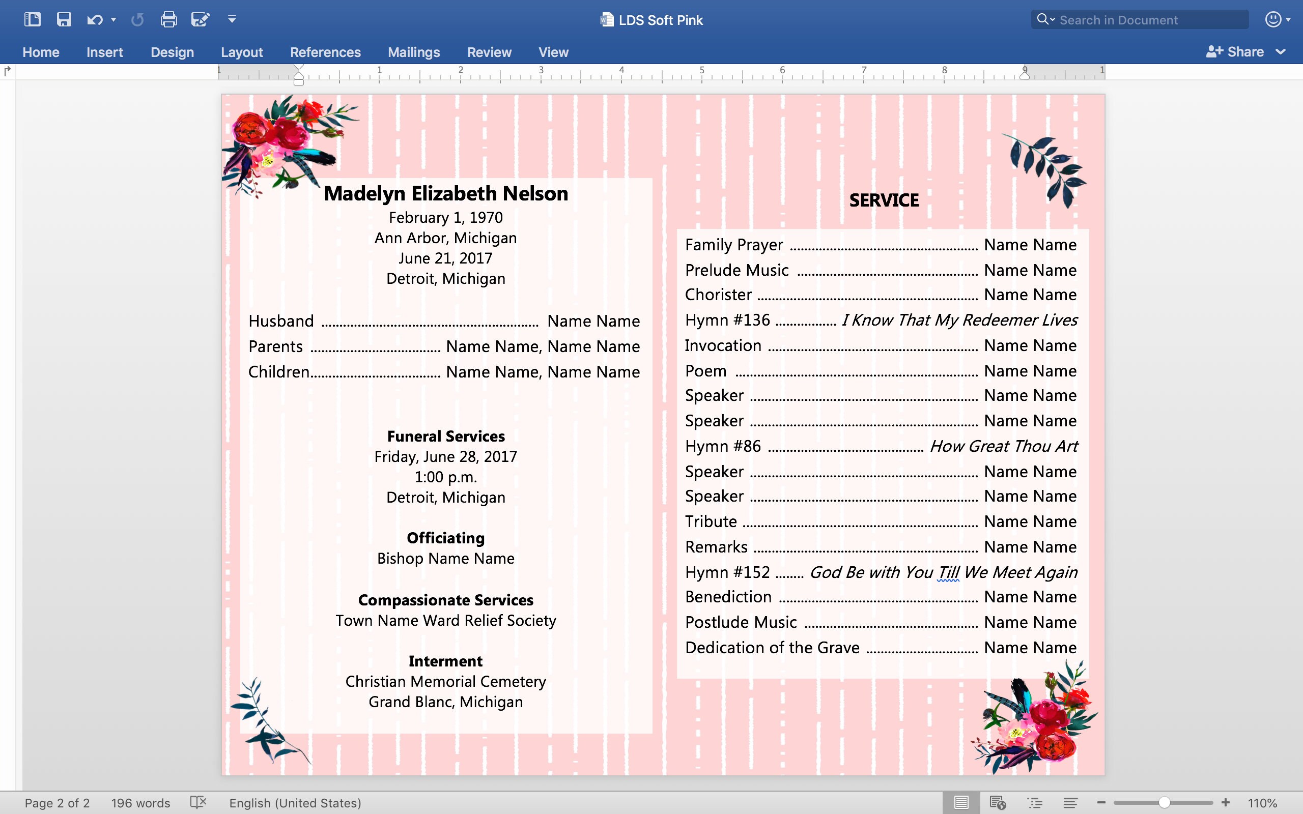 LDS Soft Pink Funeral Program Template Celebration of Life Editable ...