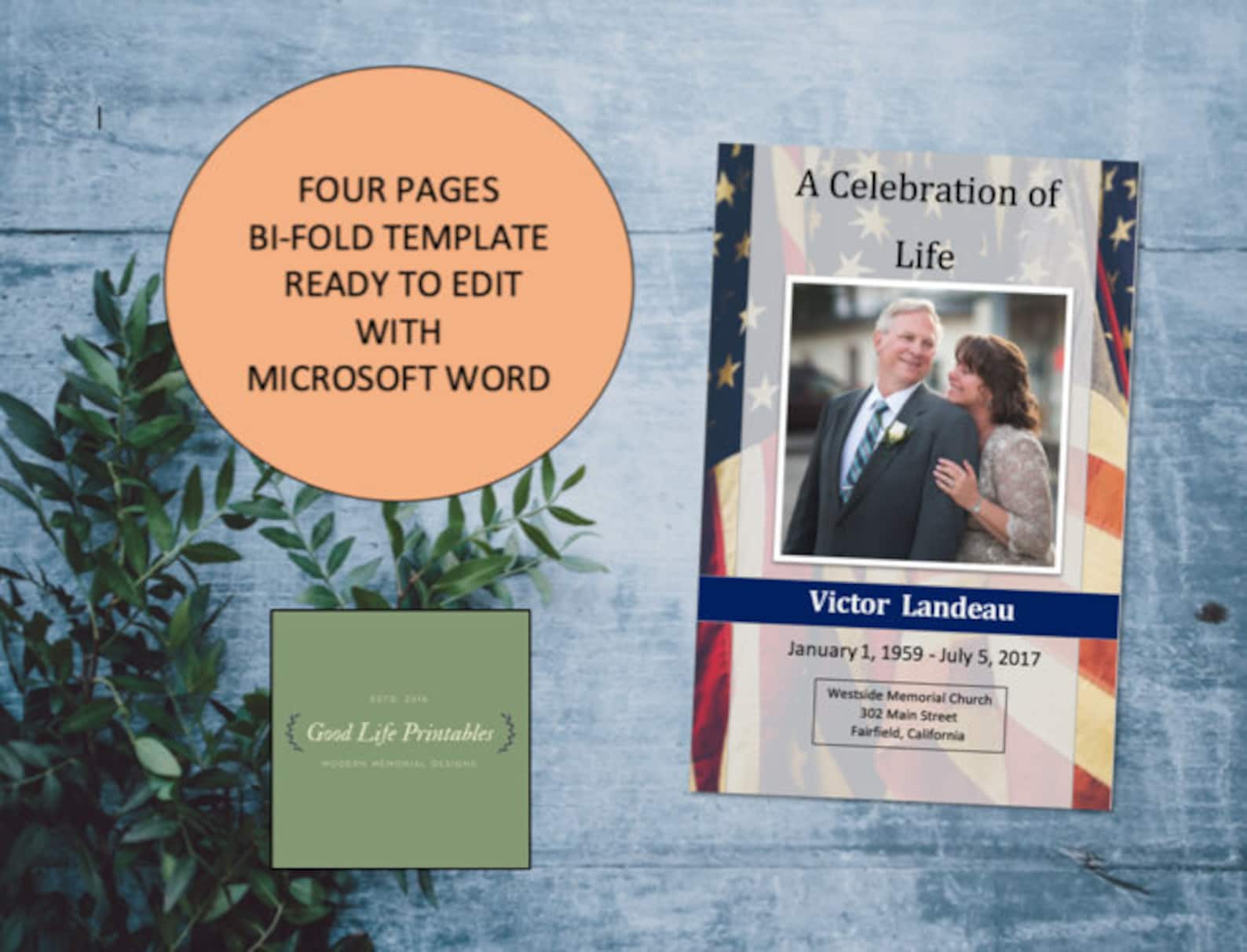 American Flag Funeral Program Template, Memorial Service for Veteran ...