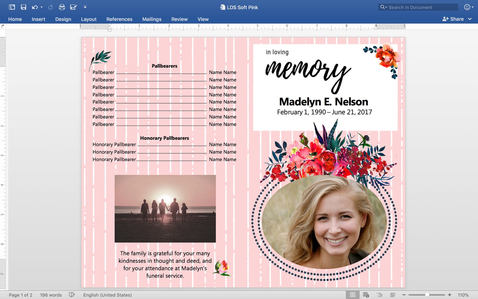 LDS Soft Pink Funeral Program Template Celebration of Life Editable ...