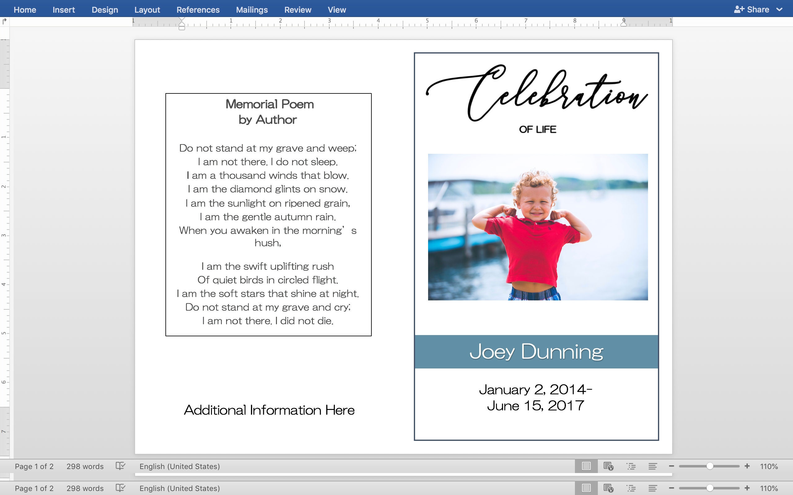 Funeral Program Template Light Blue Memorial Service Simple - Etsy