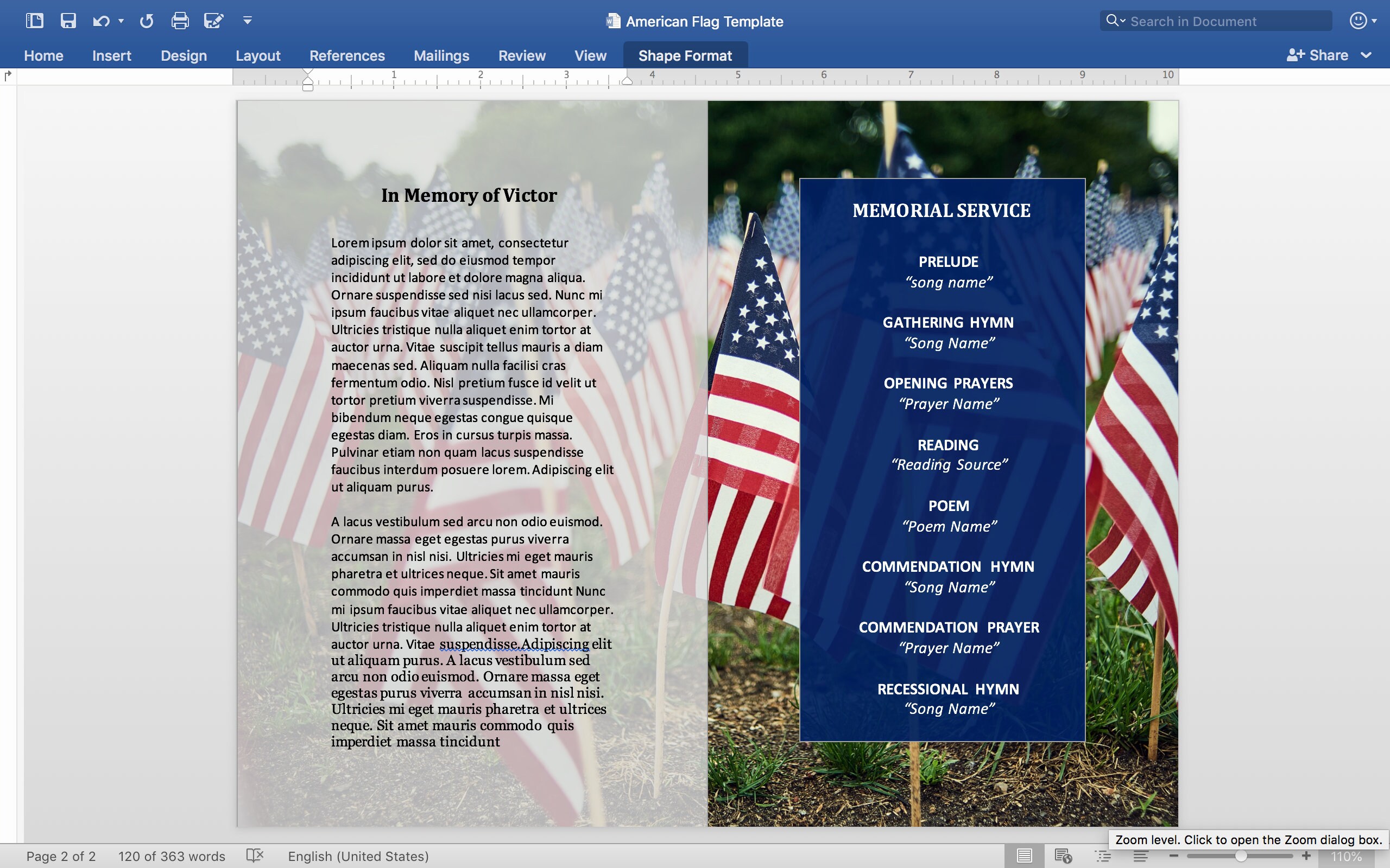 American Flag Funeral Program Template, Memorial Service for Veteran ...