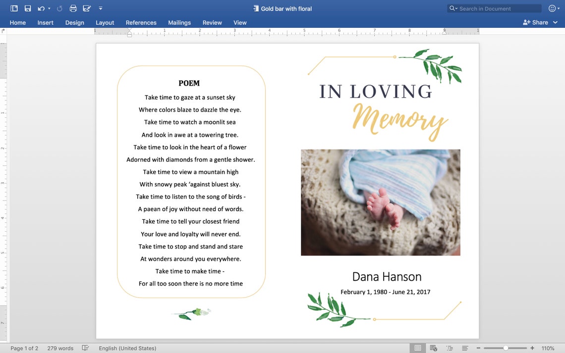 Infant Funeral Program Template Obituary Baby Funeral Simple Leaves ...